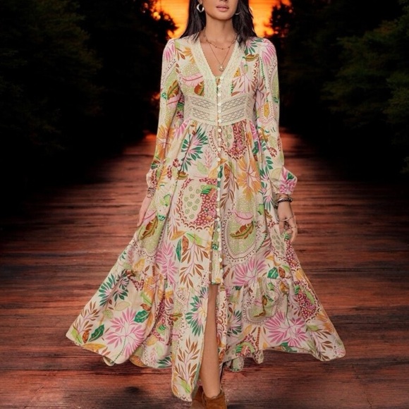 Dresses | Nwt Floral Boho Style Maxi Dress With Lace Detail | Poshmark